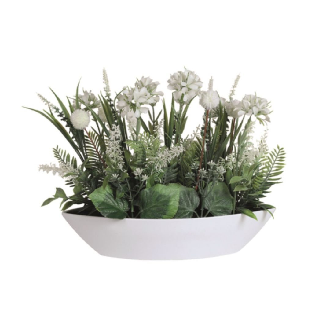 Flower Arrangement in White Ellipse Planter 27cm – McGaugh’s Gardening ...