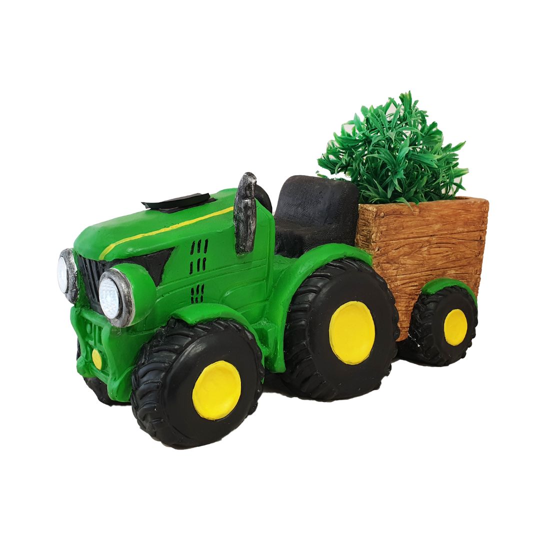 Green Tractor Planter with Solar Headlights – McGaugh’s Gardening Complex